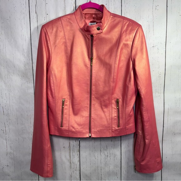 Cache | Jackets & Coats | Vintage Cache Metallic Coral Pink Leather ...